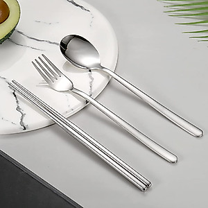 Xihuimay 3pcs Stainless Steel Chopsticks Fork Spoon Set with Travel Case Non-Slip Tabeware Pack Metal Portable Flatware Set Utensils Chinese Japanese Korean for Cooking Eating Dishwasher Safe, White