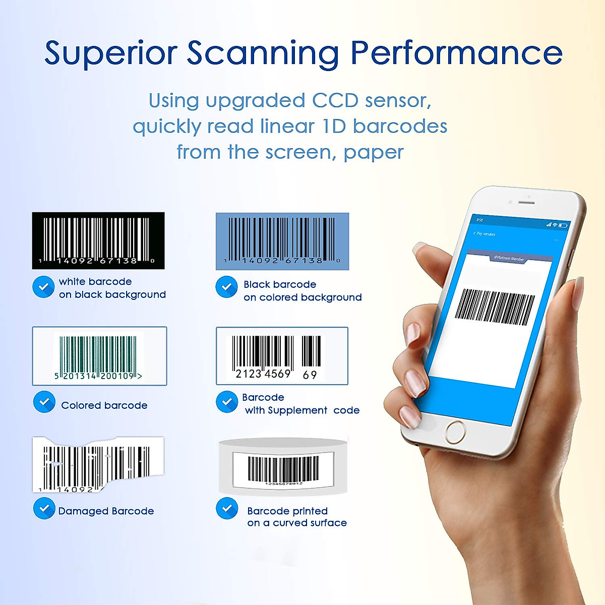 NADAMOO Wireless Barcode Scanner Compatible with Bluetooth Function, 2.4G Wireless & Wired 3-in-1 Bar Code Scanner Portable USB CCD Reader, Work with Tablet iPhone iPad Android Windows Mac OS