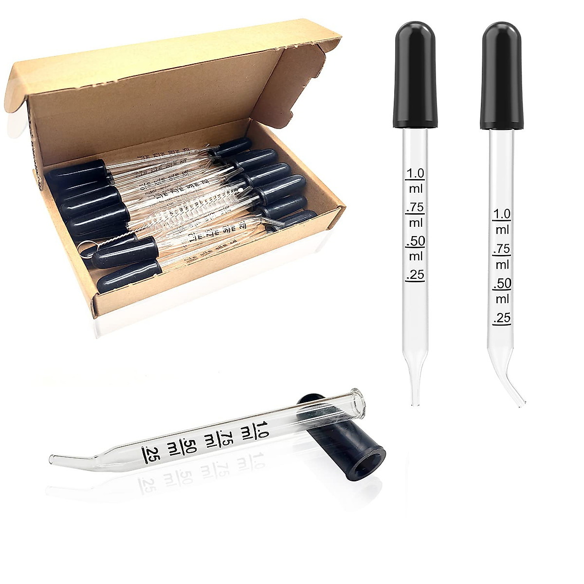 20pcs 1ml Glass Liquid Droppers, Essential Oils Eye Dropper Pipettes with Black Suction Bulb, for Makeup Art Liquid Plant Nutrients, Straight Tip and Bent Tip 2 Style