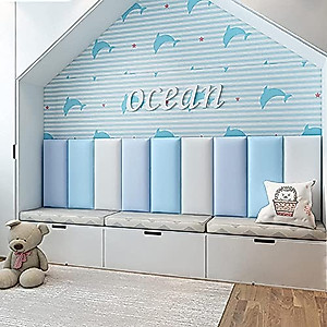 3D Anti-Collision Wall Padding for Kids, Peel and Stick Upholstered Wall Panels, Queen Headboard, Playroom Decorative Protection Panel, Pack of 2 Panels Sized 23.6” X 11.8” (Sky Blue)