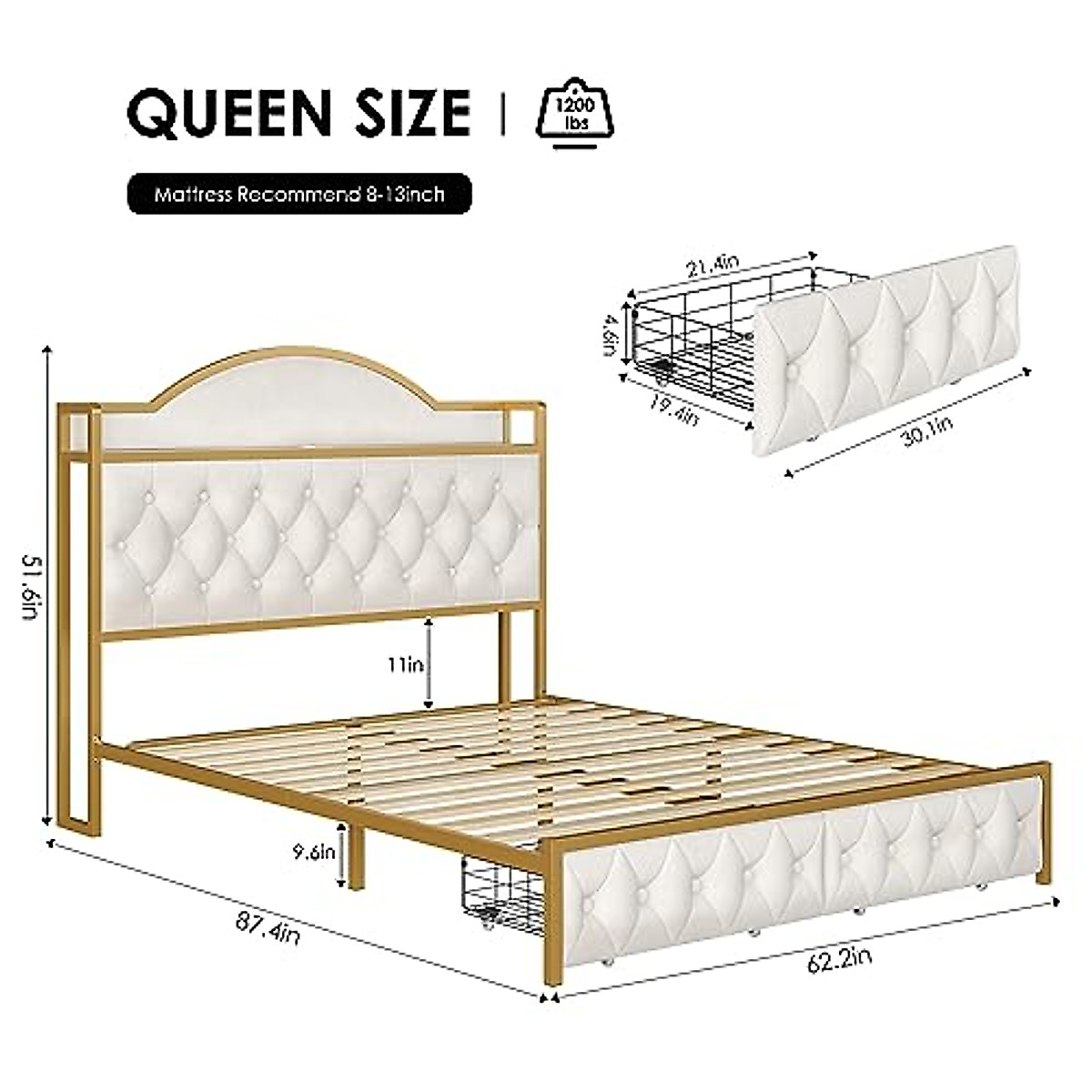 HITHOS Queen Size Bed Frame with 2 Drawers and Storage Headboard, Button Tufted Modern Upholstered Platform Bed with Charging Station, No Box Spring Needed, 51.6" Tall Headboard, Off White