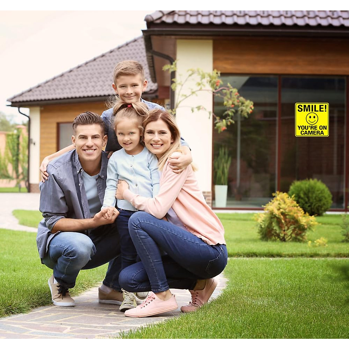 6 Pack Smile You're On Camera Sign, 6" x 6" Video Surveillance Signs, Self Adhesive Vinyl Decal UV Protected & Weatherproof Home Security Stickers, Indoor and Outdoor Use Yellow, Black