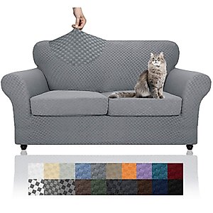 YEMYHOM Latest Checkered 3 Pieces Couch Covers for 2 Cushion Couch High Stretch Thickened Love Seat Sofa Cover for Dogs Pets Elastic Loveseat Slipcover Protector (Light Gray), 55"-69"(2 Cushions)