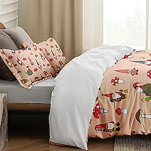 Duvet Cover Full Size, Gnome Funny Happy Red Bedding Set with Zipper Closure for Kids and Adults, Colorful Mushroom Elf Comforter Cover with 2 Pillow Shams for Bedroom Bed Decor
