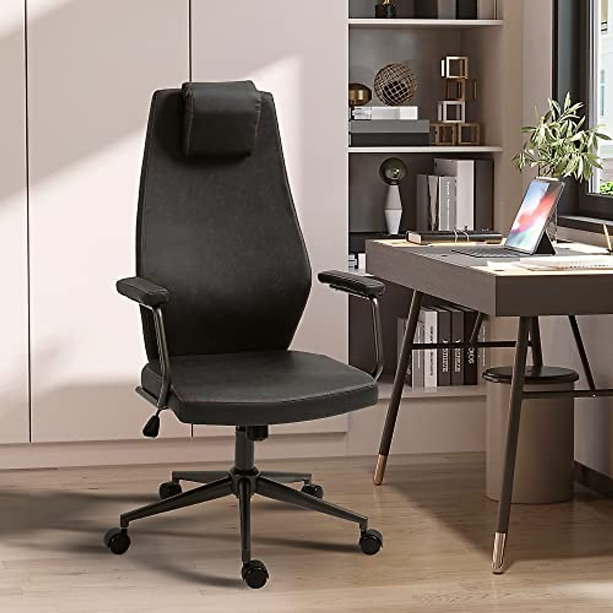 Vinsetto High-Back Executive Office Chair, Ergonomic Leather Computer Desk Chair with Adjustable Height, Removable Headrest and 360 Swivel Wheels, Deep Grey