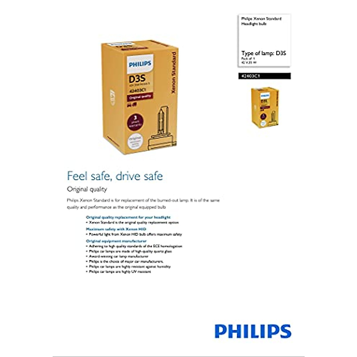 PHILIPS D3S 4300K XenStart OEM Replacement HID XENON Bulb 42403C1 35W DOT GERMANY - Pack of 1 by ALI