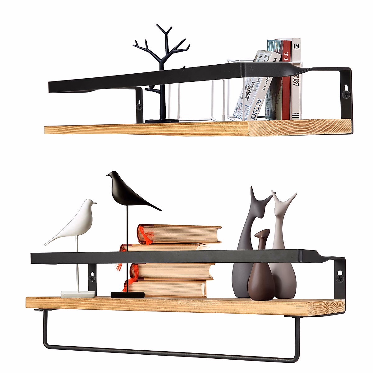 LONABR Floating Wall Shelves Rustic Floating Shelf for Bathroom Kitchen with Removable Towel Bar|Easy to Install, Decoration and Storage|Set of 2 Brown (Set of 2)