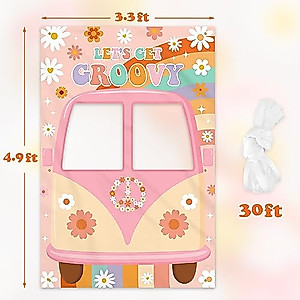 Vansolinne Hippie Photo Booth Props Bus Groovy Birthday Party Decorations Selfie Frame Banner Boho Rainbow Daisy Van Photography Background Retro 60s 70s Decor Four People Peace Love Party