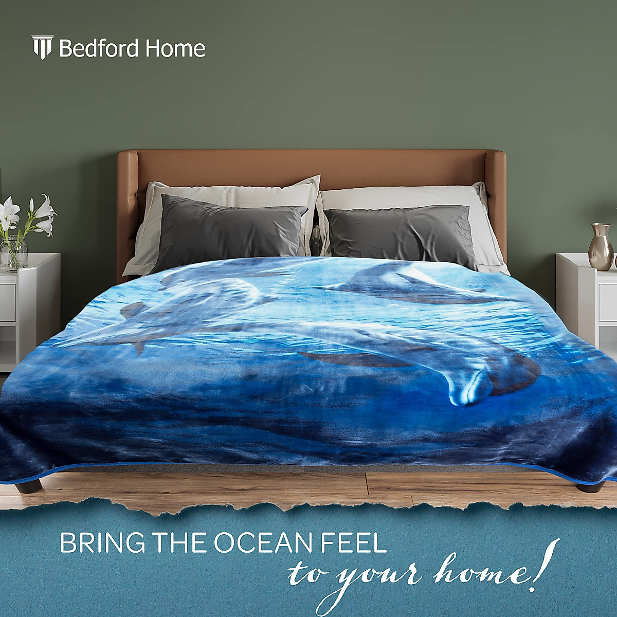 Bedford Home Heavy Fleece Ocean Dolphins Pattern-Plush Thick 8 Pound Faux Mink Soft Blanket for Couch Sofa Bed (74” x 91”), Multicolor (66A-46894)