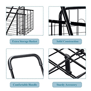 IRONMAX Grocery Shopping Cart, Foldable Heavy Duty Utility Cart w/Adjustable Handle, Extra Basket & 360° Rolling Swivel Wheels, Lightweight Trolley Cart for Grocery Laundry Luggage (Black)