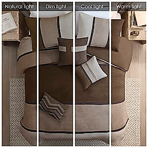 Madison Park Palisades Comforter Set Modern Faux Suede Pieced Stripe Design, All Season Down Alternative Cozy Bedding with Matching Shams, Decorative Pillows, Queen(90"x90"), Brown 7 Piece