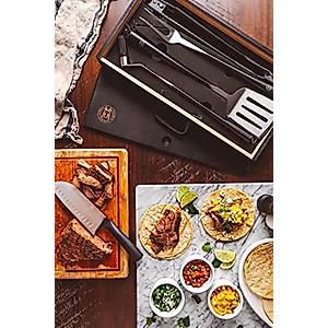 Schmidt Brothers - BBQ Carbon 6, 4-Piece Grilling Accessory Set, Full-Forged Stainless Steel Grilling Utensils Including Spatula, Fork, Basting Brush, and Tongs with All Wood Handles