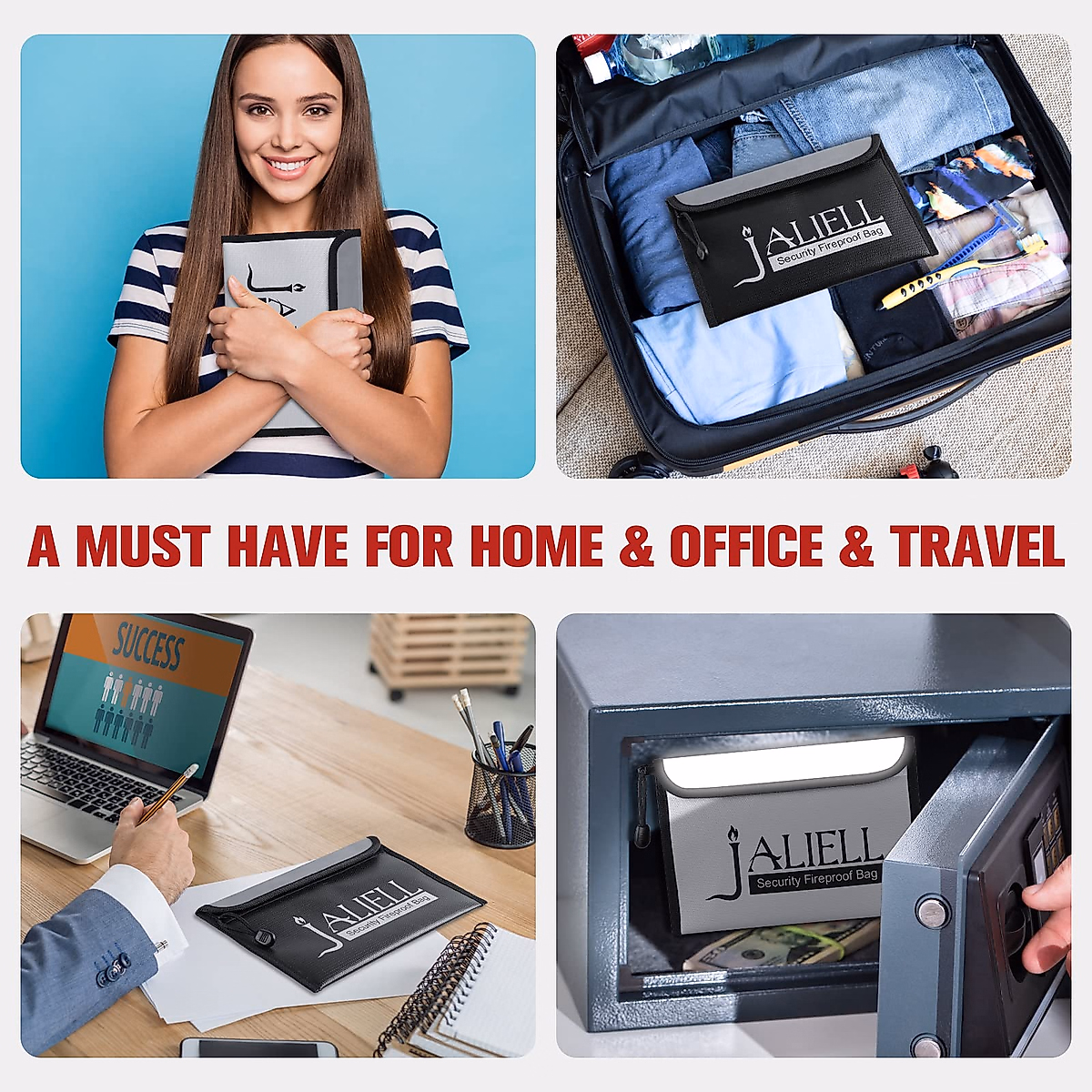 JALIELL Fireproof Document Box + Fireproof Money Bags, Professional Zipper and Night Reflective Strip, Non-Itchy Fire Proof/Waterproof Safe Box Bag