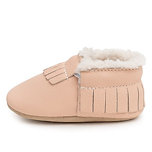 BirdRock Baby Sherpa Moccasins - Cozy, Genuine Leather Winter Shoes for Boys and Girls (Desert Rose, US 6.5)