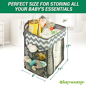 Babywards Hanging Diaper Caddy Organizer - Large Nursery Storage for Essential Newborn Baby Items - 2 Compartments, 3 Mesh Pockets - Durable Hooks to Hang on Bassinet, Changing Table, Crib