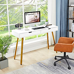 GreenForest Vanity Desk with Glossy Desktop, 39 inch Makeup Desk with 2 Drawers Dressing Table for Girls Women Bedroom Modern White Writing Computer Laptop Desk for Home Office, Gold