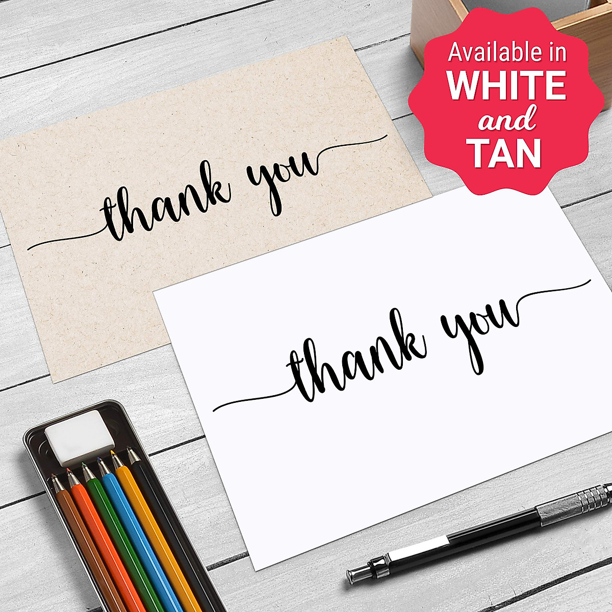 321Done Thank You Note Cards (Set of 50) 4x6 - Blank on Back - Made in USA, Cute Modern Script Kraft Tan Thick Cardstock, Large