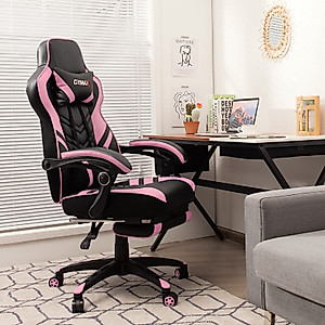 GYMAX Gaming Chair, Ergonomic Computer Chair with Footrest, Linkage Armrests & Lumbar Cushion, Big Wide High Back Video Gaming Chair, Reclining Office Rolling Chair for Adult/Teens (Pink)