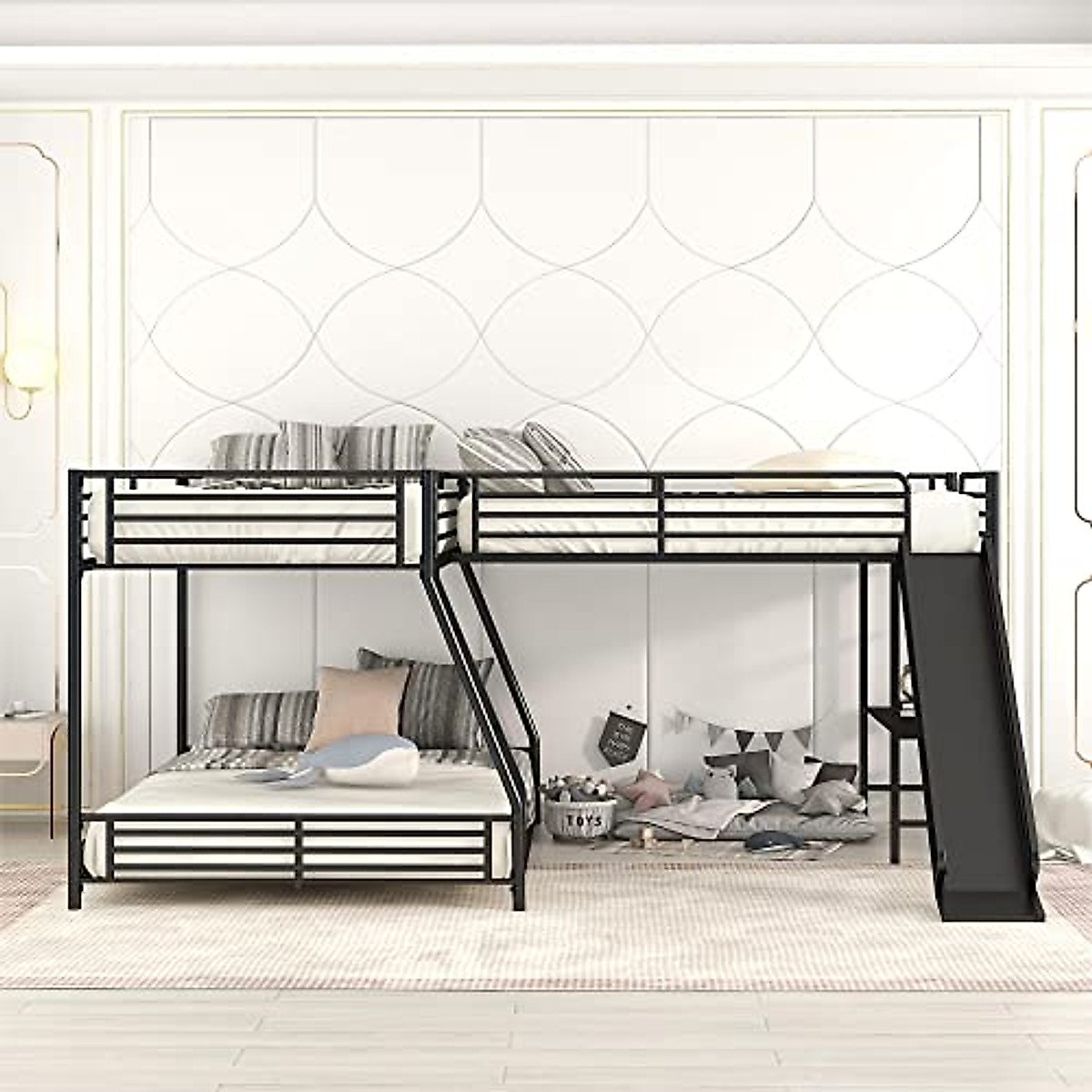 FIQHOME Metal L-Shaped Bunk Bed with a Loft Attached,Twin Over Full Bunk Bed with Twin Size Loft Bed,Built-in Desk and Slide,Metal Triple Bed for Kids Teens Boys Girls,No Box Spring Needed,Black