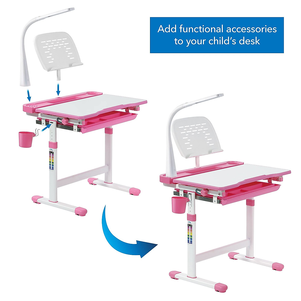 Mount-It! Accessory Kit for Height Adjustable-Kids-Desk | Includes LED-Lamp, Book Holder Shelf and Pencil Holder-Cup, Pink