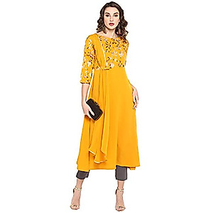Janasya Women's Mustard Foil Printed Poly Crepe Kurta