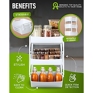 Skywin 3-Tier Plastic Stackable Storage Bins 11.4" x 11" x 19.7" with Brackets for Extra Protection - For Pantry Storage, Kitchen Storage, and Bathroom Storage (White)