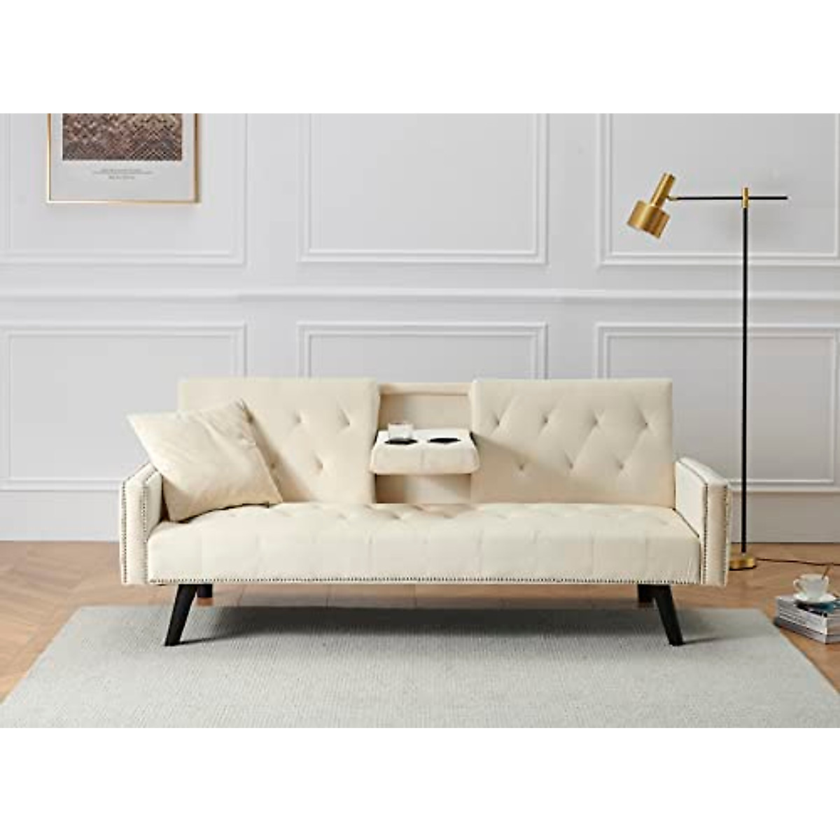 Verfur Button Tufted Convertible Futon Sofa Bed,Modern Velvet Upholstery Sleeper Couch Daybed with 2 Cup Holders and Square Armrests for Small Places Sofabed, Beige 72" with 1 Pillow
