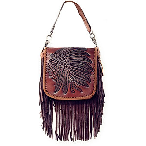 Western Genuine Leather Indian Head Cowgirl Crossbody Messenger Fringe Purse Bag in 4 colors (Brown)