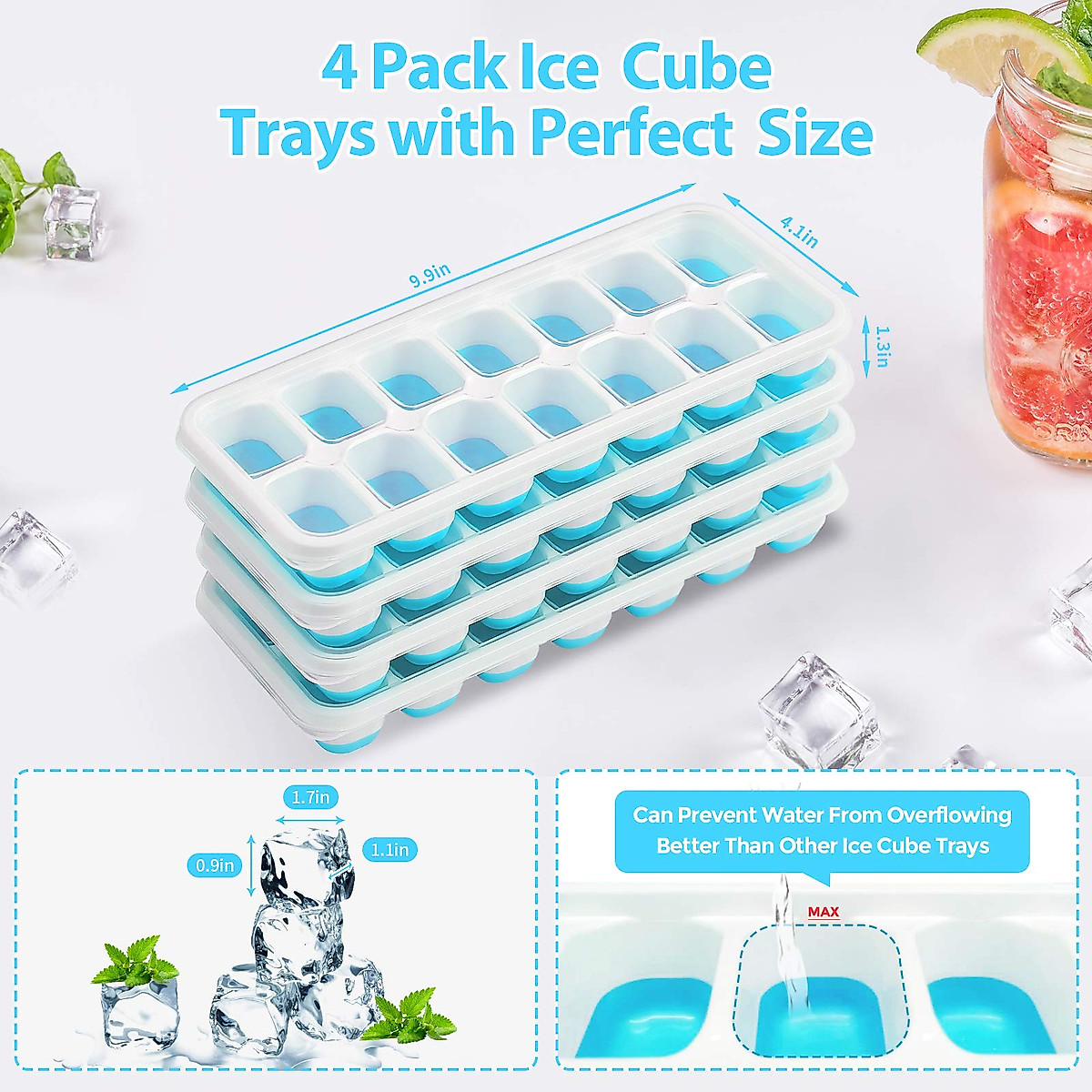DOQAUS Ice Cube Trays 4 Pack, 56 pcs Silicone Ice Cubes Tray Maker with Spill-Resistant Removable Lid, Easy Release & Pop out, LFGB and BPA Free, Stackable Flexible, for Soup, Food, Cocktail, Coffee