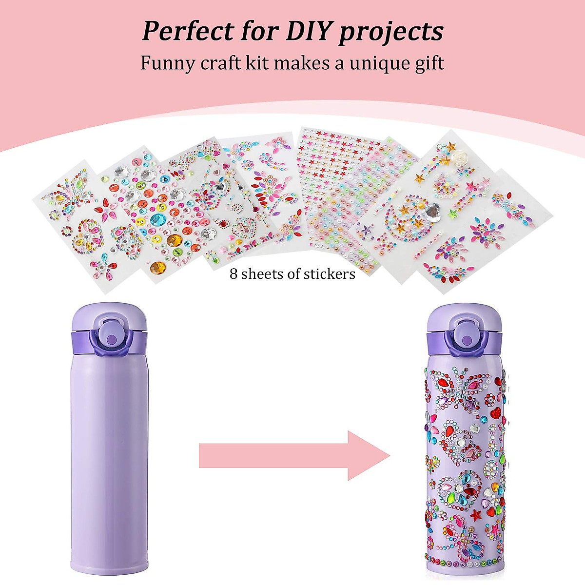 HULASO Gifts for Girls Decorate Your Own Water Bottles with Rhinestone Glitter Gem Stickers - Valentine's Day Gift Girls DIY Arts and Crafts, BPA Free Stainless Steel Vacuum Insulated Mug (17 OZ)