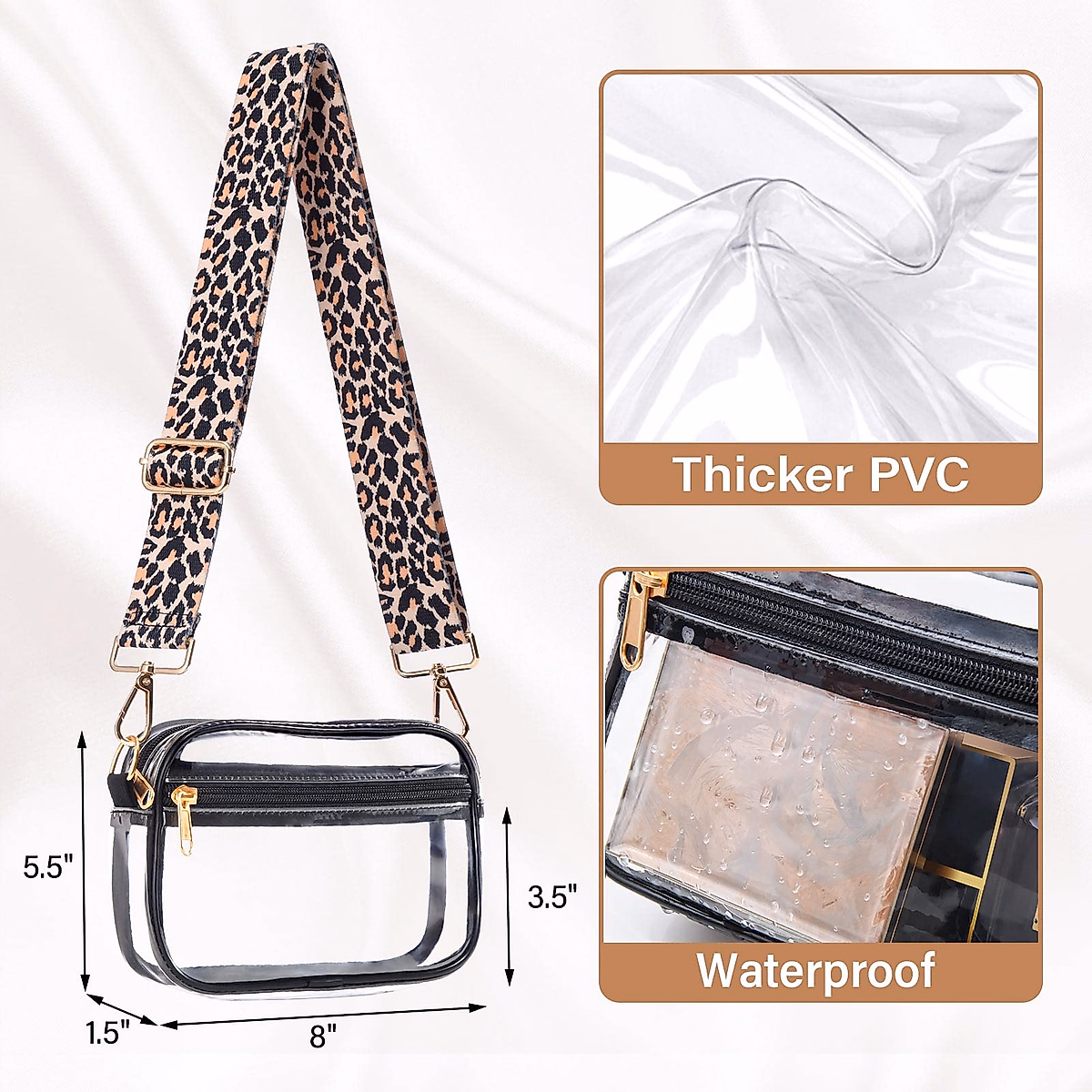 HULISEN Clear Crossbody Bag Stadium Approved, Clear Purse for Women Men, Transparent Messenger Shoulder Handbag for Concert, Travel, Work, Sports (Leopard)
