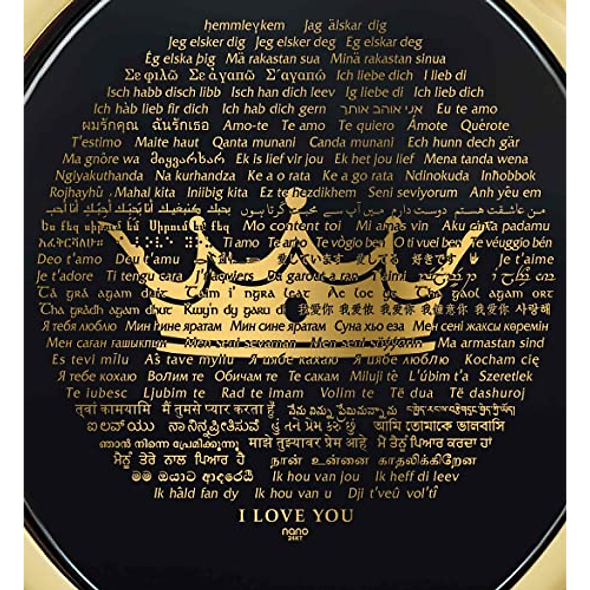 14k Yellow Gold Over 100 Languages I Love You Necklace for Women Her Queen Crown Pendant Gold Inscribed in Micro Text on Romantic Anniversary Onyx Gemstone, 18" Gold Plated Silver Rolo Chain