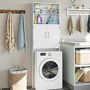 HOSTACK Over The Toilet Storage, Double Door Bathroom Organizer Toilet Cabinet, Freestanding Above Toilet Rack with Open Shelves and Adjustable Bottom Bar, 76.8 in H, White