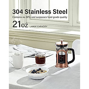 Veken French Press Coffee & Tea Maker, 304 Stainless Steel Heat Resistant Borosilicate Glass Coffee Press, Durable Easy Clean 100% BPA Free, 21oz, Copper