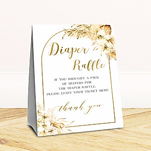 50 Diaper Raffle Tickets and 1 Self-standing Diaper Raffle Sign, Boho Pampas Grass Dried Flower Baby Gender Reveal Party Supplies, Gender Neutral Baby Shower Decorations - LBLK-009