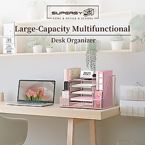 SUPEASY Mesh Desk Organizer with File Holder, 5-Tier Paper Letter Tray Organizer with Magazine Holder, Desktop Organizer and Storage with Drawer for Office Supplies Home or School, Pink