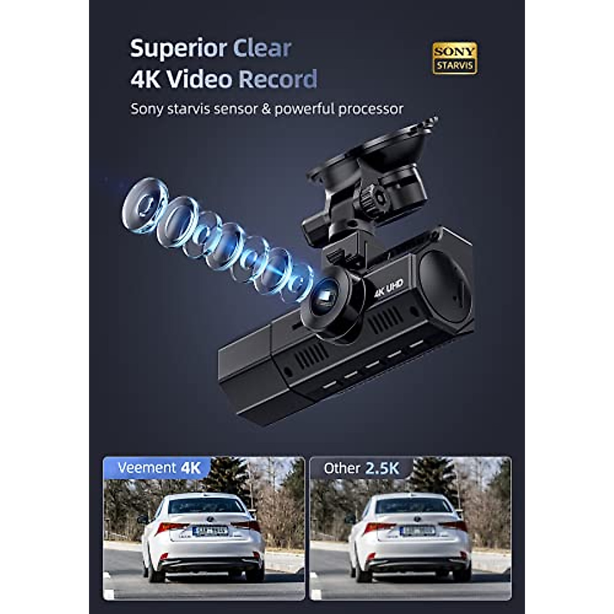 4K Dual Dash Cam Front and Inside, Veement Dash Car Camera with GPS, 2160P Front+1080P Inside Rear Camera for Cars, Sony Starvis Sensor, Infrared Night Vision, 24H Motion Detection Parking Mode