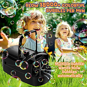 Bubble Machine, Automatic 18000+ Per Minute Big Bubbles Blower Maker for Kids Toddlers with 2 Speeds,6 Wands,Operated by Plugin or Batteries for Outdoor/Indoor Birthday Parties,Wedding (Black)