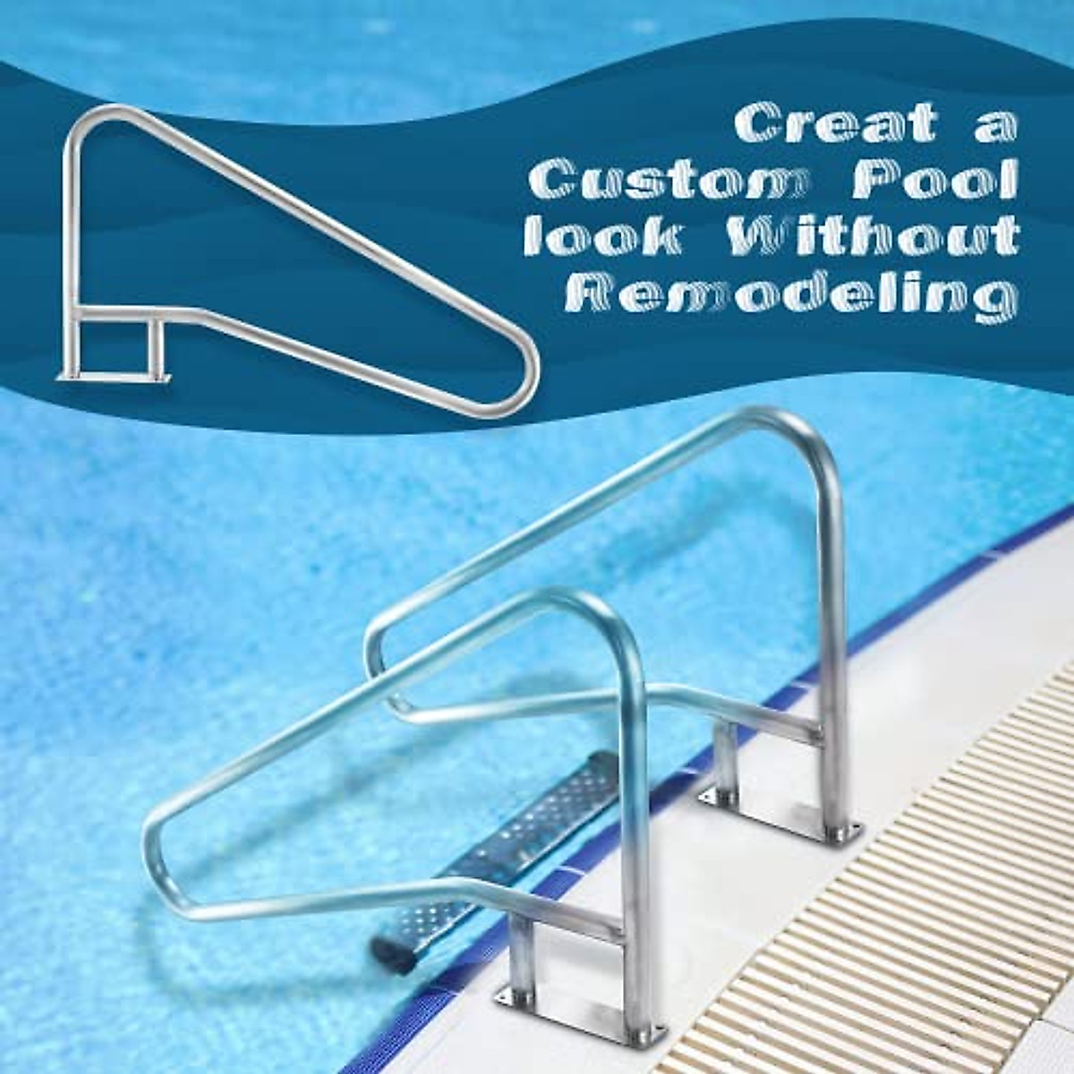 YOLENY Pool Handrail, 55"X32" 4-Bend Pool Stair Rail 1PC, 440lbs Load Capacity 304 Stainless Steel Pool Railing For Inground Swimming Pool With Blue Nylon Grip Cover Quick Mount Base Plate & Accessory