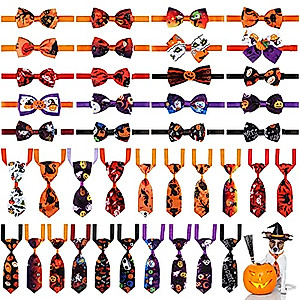 40 Pieces Halloween Pet Neckties and Bow Ties Collars Set Adjustable Pumpkin Skull Cat Bowties Dog Ties with Adjustable Collar Halloween Pet Costume for Dogs Puppies Cats Holiday Daily Wearing