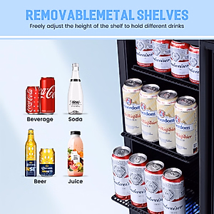 15 Inch Beverage Refrigerator Under Counter, Small Beverage Fridge with Glass Stainless Steel Door&Lock,130 Cans Beverage Cooler For Home, Built-in/Freestanding Mini Fridge for Beer Soda Wine Water