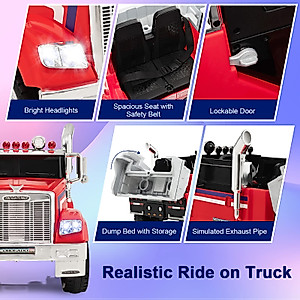 Costzon Electric Car for Kids, 12V Licensed Freightliner Ride on Dump Truck W/Remote Control, Rear Loader, Spring Suspension, Easy-Drag System, MP3 & Music, Gift for Boy Girl, Semi Truck Ride on Car