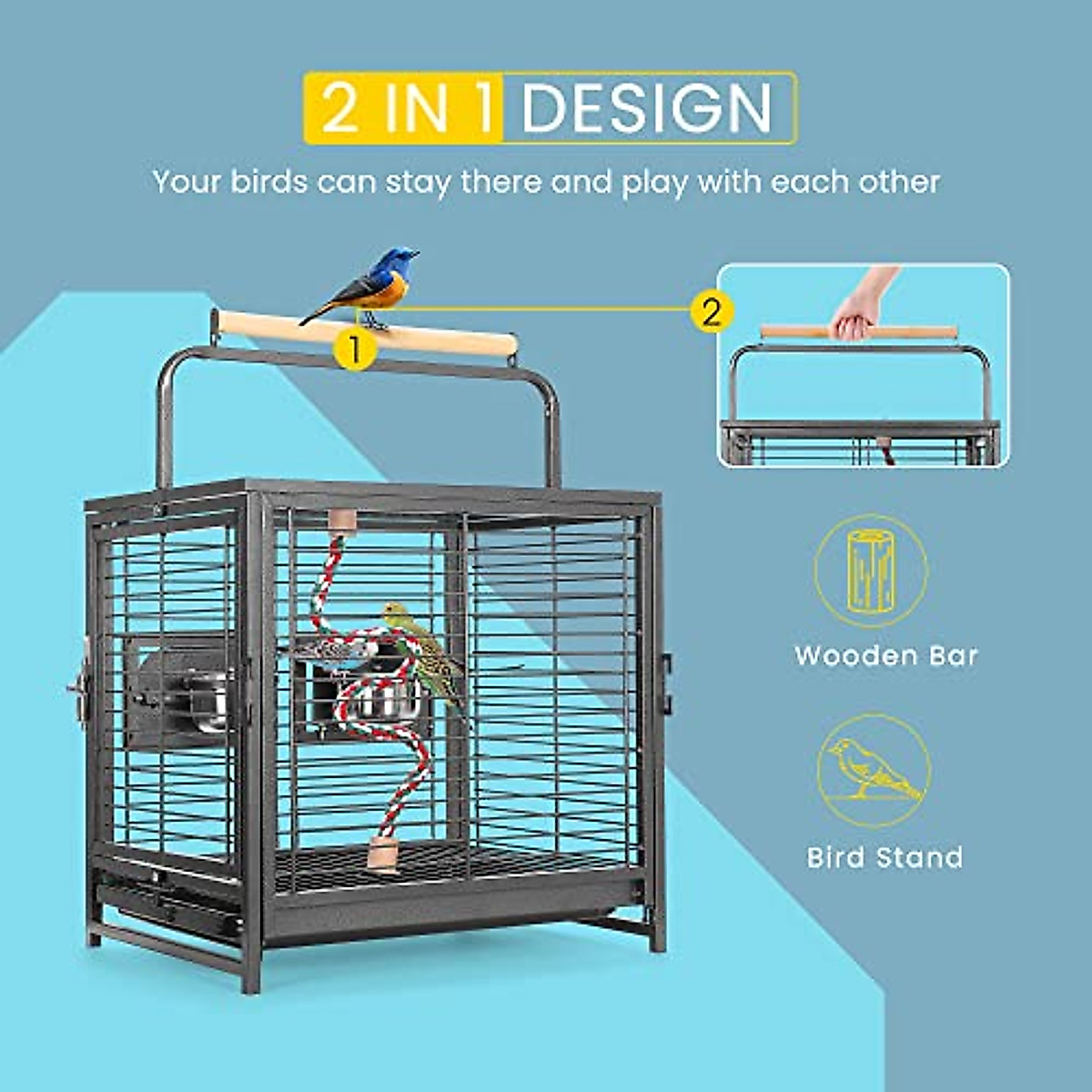 VIVOHOME 19 Inch Wrought Iron Bird Travel Carrier Cage for Parrots Conures Lovebird Cockatiel Parakeets Black