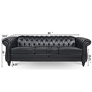 Faux Leather Couch， Modern Chesterfield Sofa Couch, Large 3 seat Couch, Sofas for Living Room, Apartment and Office Couch.(Black Sofa)