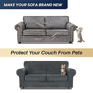 Asnomy Sofas Covers for 2 Cushion Couch Loveseat Cover Velvet Stretch Slipcovers for Dogs Cats,2 Seat Cushion Furniture Protector Machine Washable（Medium，Dark Grey）
