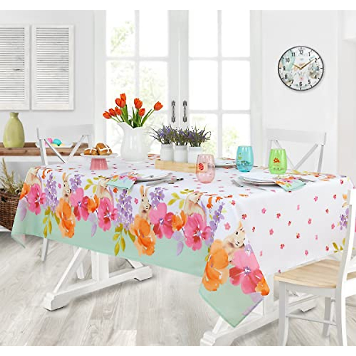 Newbridge Bunny Flower Fields Easter and Spring Fabric Double Bordered Tablecloth - Cute Bunny Rabbit and Vivid Pastel Floral Easy Care, Stain Resistant Fabric Tablecloth, 60” x 84” Oval