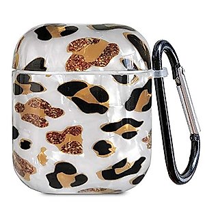 2019 Newest AirPods Case,J.west Luxury Sparkle Bling Leopard Print Cheetah Pattern Translucent Soft TPU Case Cover for Girls Women Shockproof Cover Accessories Kit for AirPods 1st/2nd Charging Case