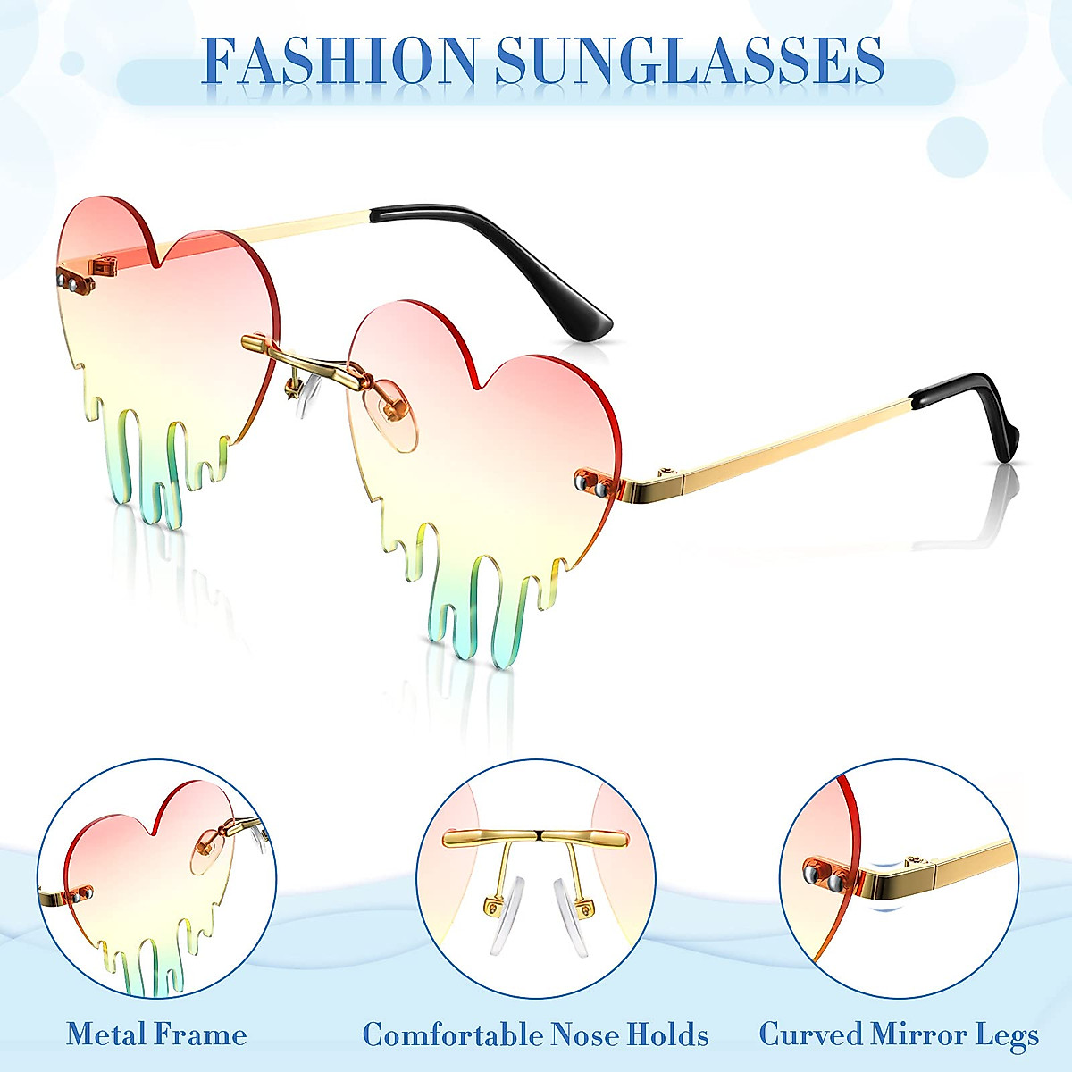 TOODOO 3 Pairs Dripping Heart Sunglasses for Women Melting Heart Shaped Party Sunglasses Valentines Day Rimless Colorful Irregular Eye Glasses for Valentines Day Party