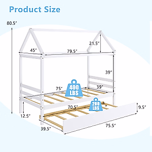 KOMFOTT Twin House Bed with Trundle, Solid Wood Playhouse Platform Bed Frame, Kids Daybed with Roof for Girls & Boys, No Box Spring Needed, Noise-Free Design, Easy Assembly, White