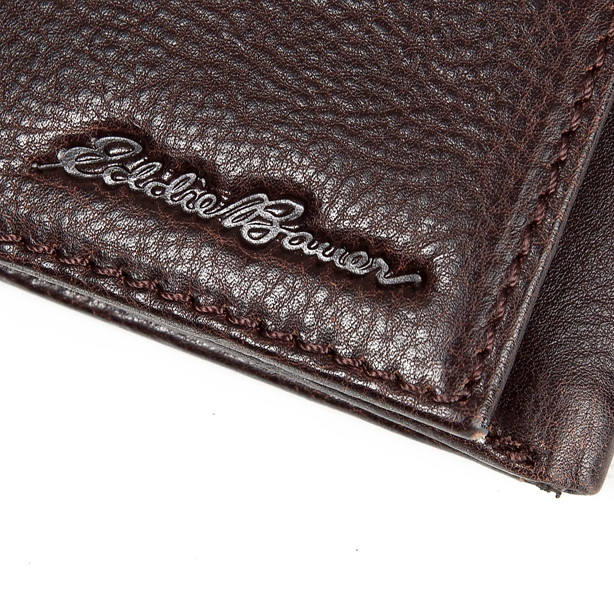 Eddie Bauer Men Signature Trifold Wallet, Leather Logo-Brown, One Size